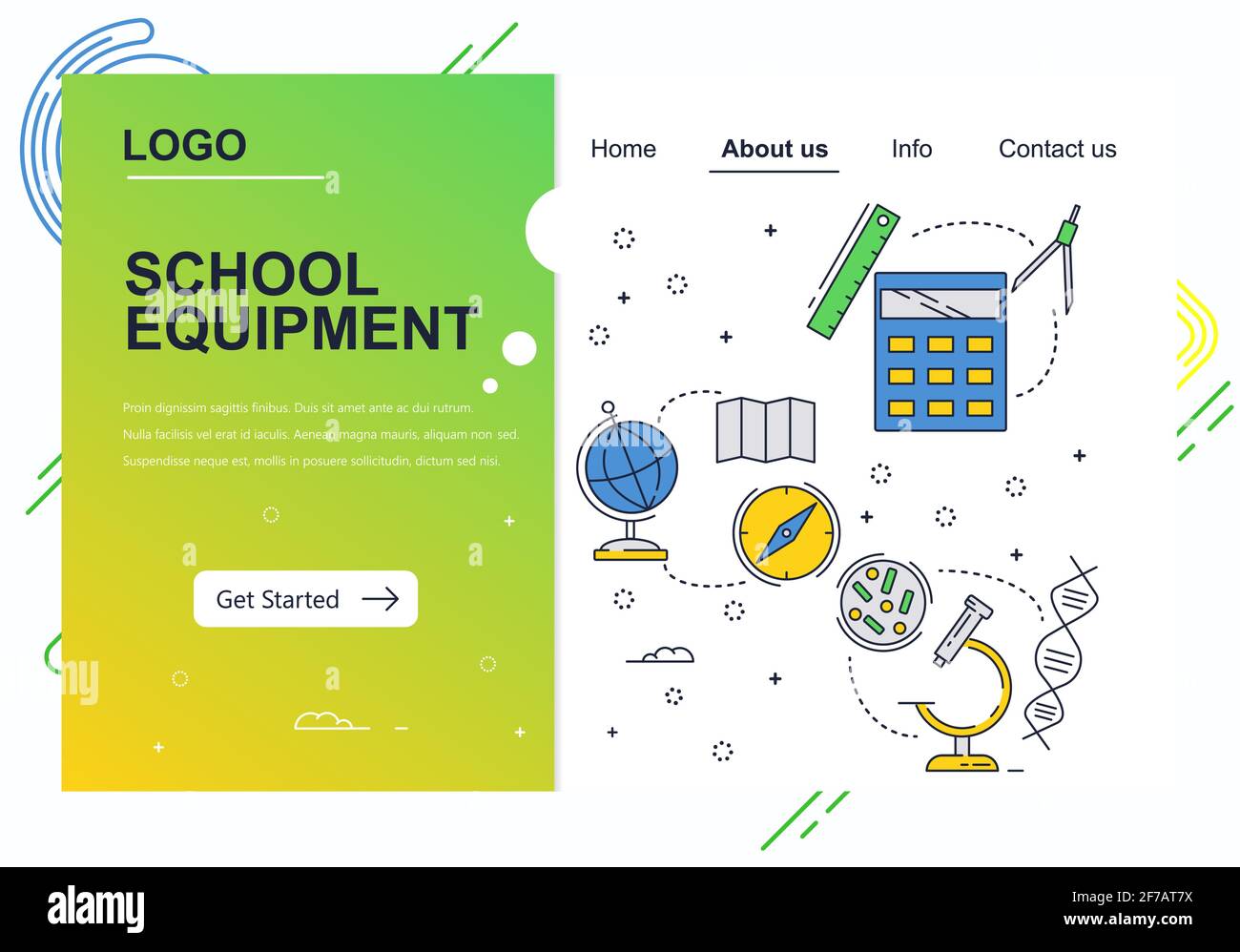 Vector web site linear art design template. School accessories ...