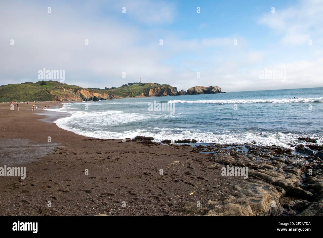 The waves at Rodeo Beach in the Marin Headlands in the Bay Area of ...
