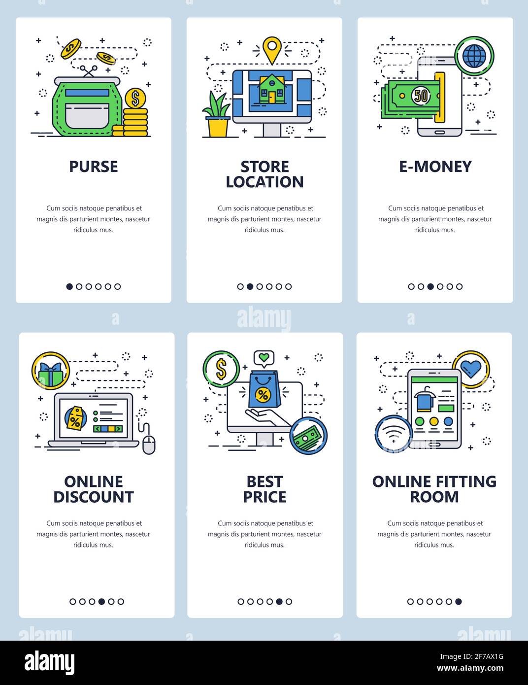 Vector web site linear art onboarding screens template. Online shopping ...