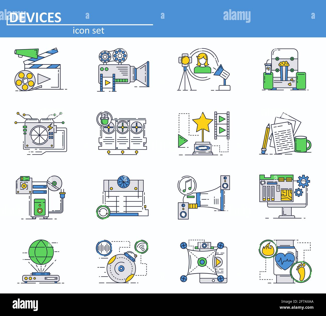 Vector set of computer hardware devces and movie production icons in ...