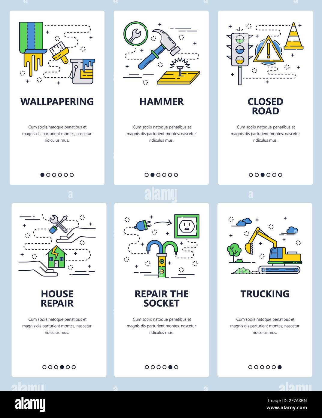 Vector Web Site Linear Art Onboarding Screens Template House Repair Icons Excavator Traffic