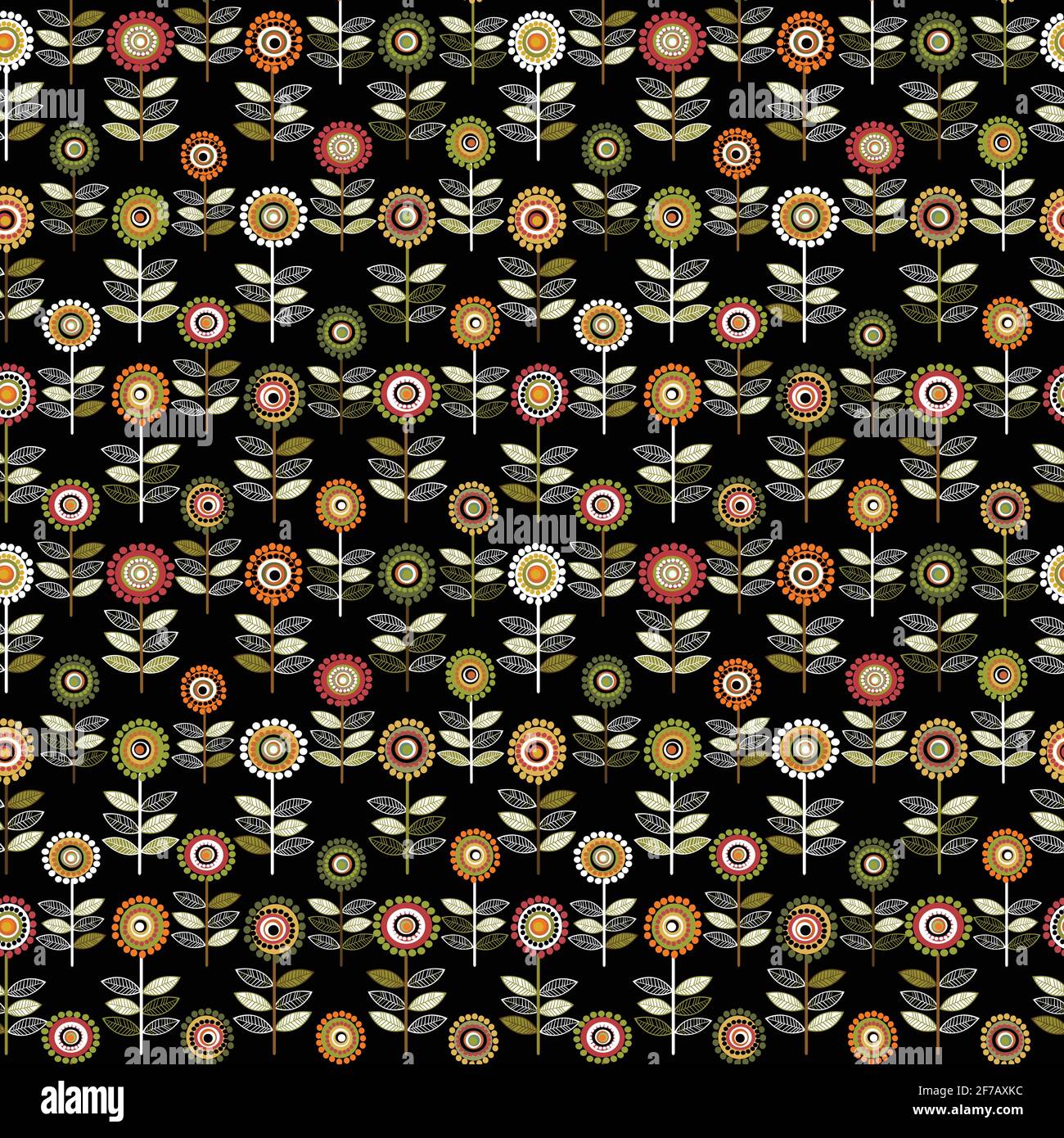 Dotted doodle flowers arranged in rows on black background Stock Vector ...