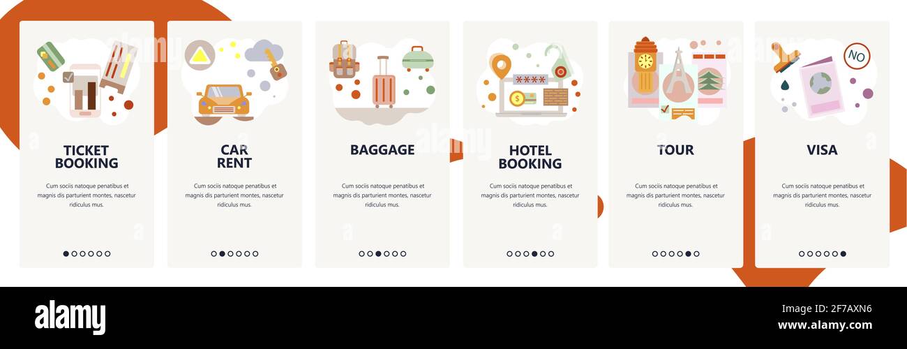 Web site onboarding screens. Travel planning, hotel and flight tickets ...