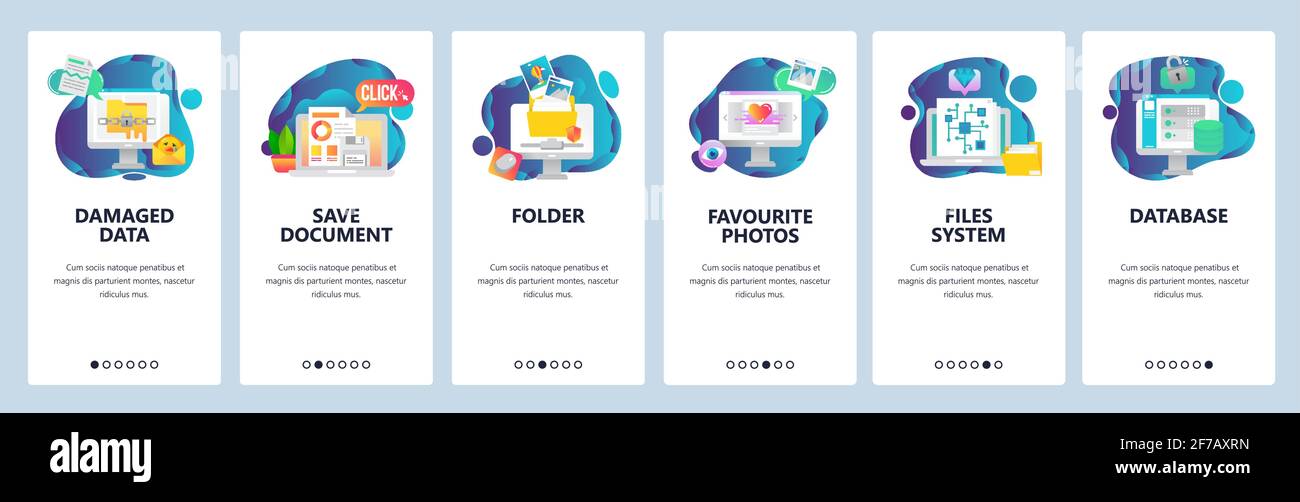 Web site onboarding screens. Computer files and data system. Menu ...