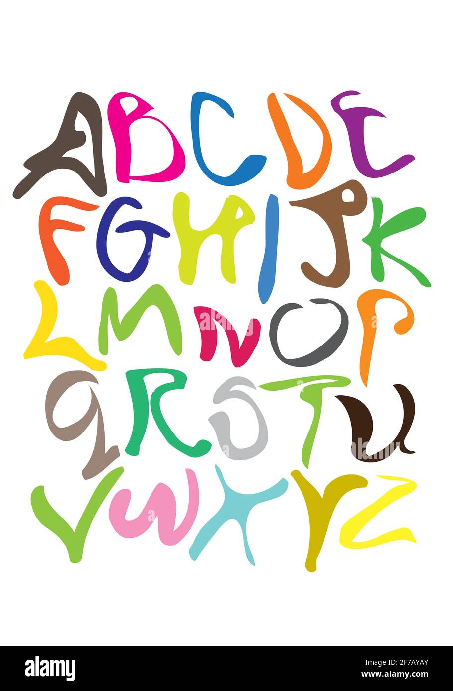 Colorful hand written fonts in chaotic squiggly style isolated on white ...