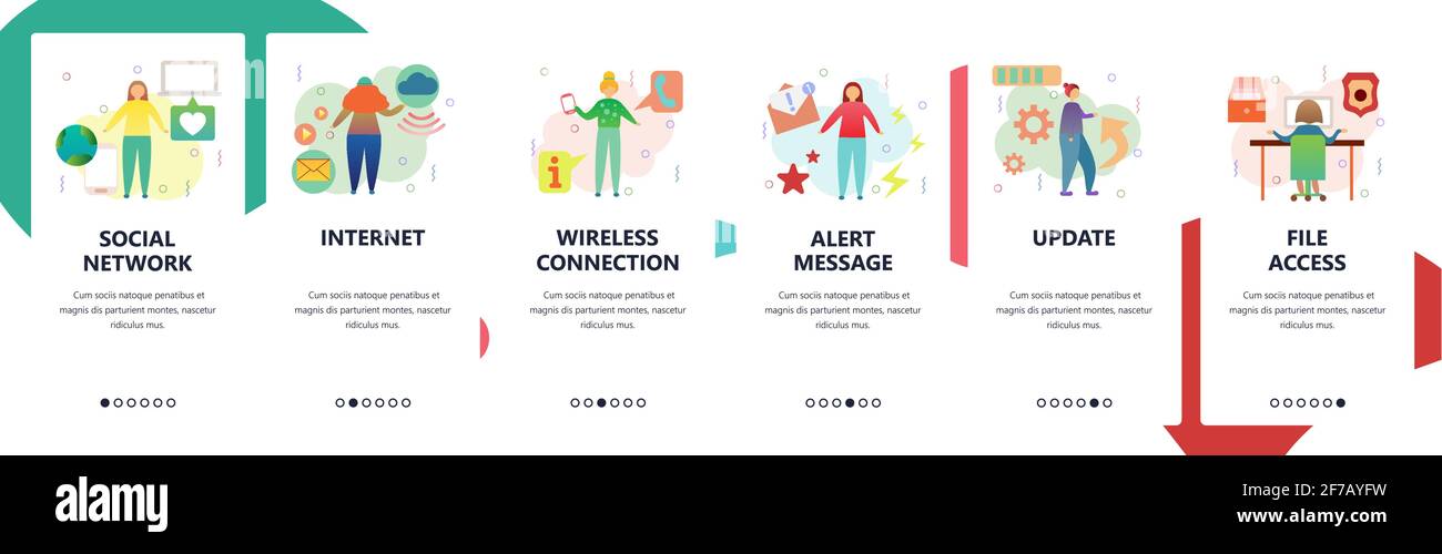 Web site onboarding screens. Social network, wireless internet ...