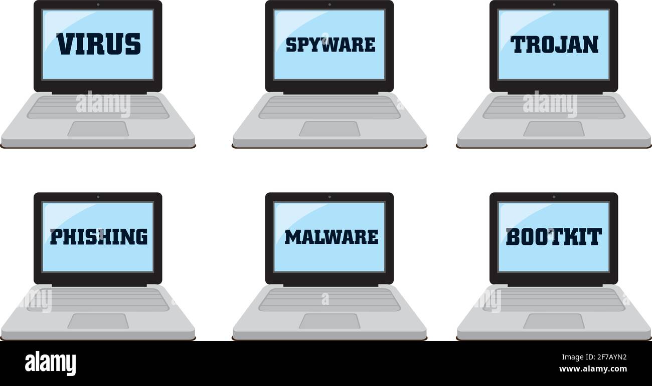 Computer laptop icons with computer security and IT risk related text ...