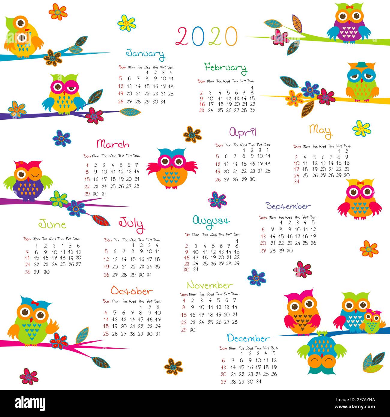2020 Calendar with cartoon owls Stock Vector Image & Art - Alamy