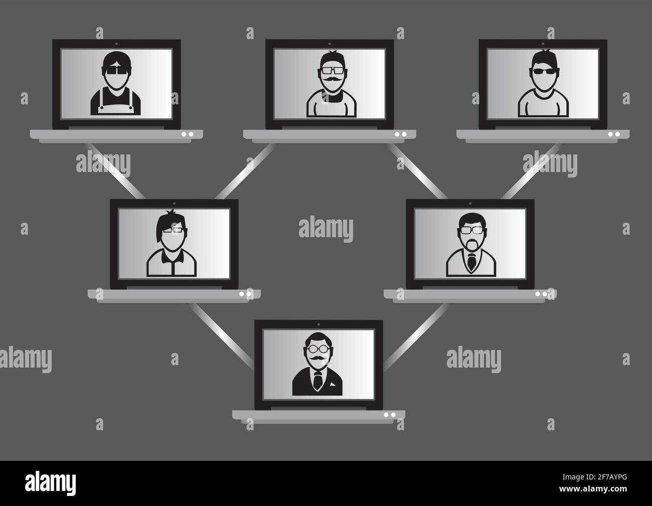 Wireless laptop computers with people on monitor screen linked in a ...