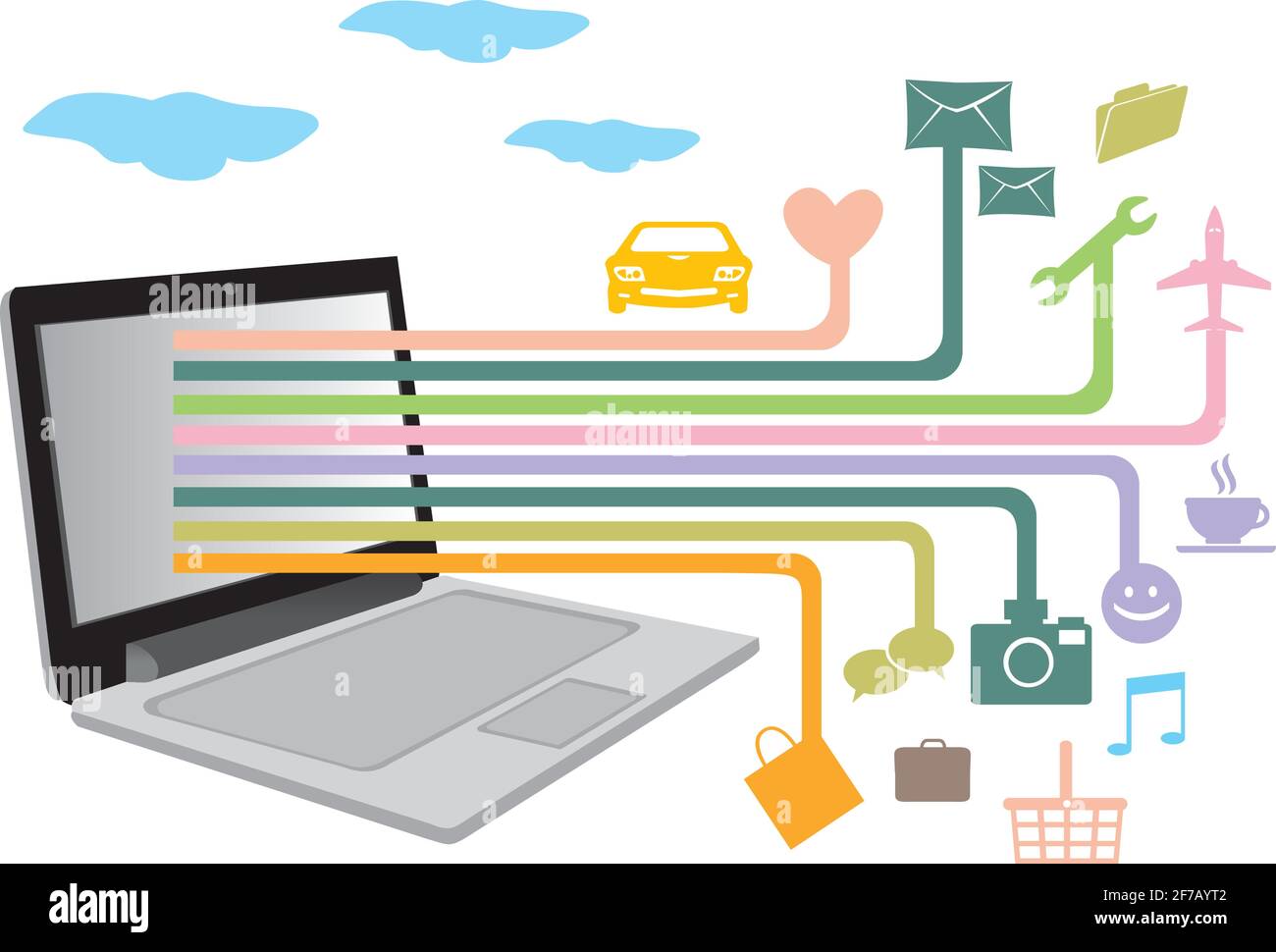 Laptop Computer with colorful wire like network branching out of ...