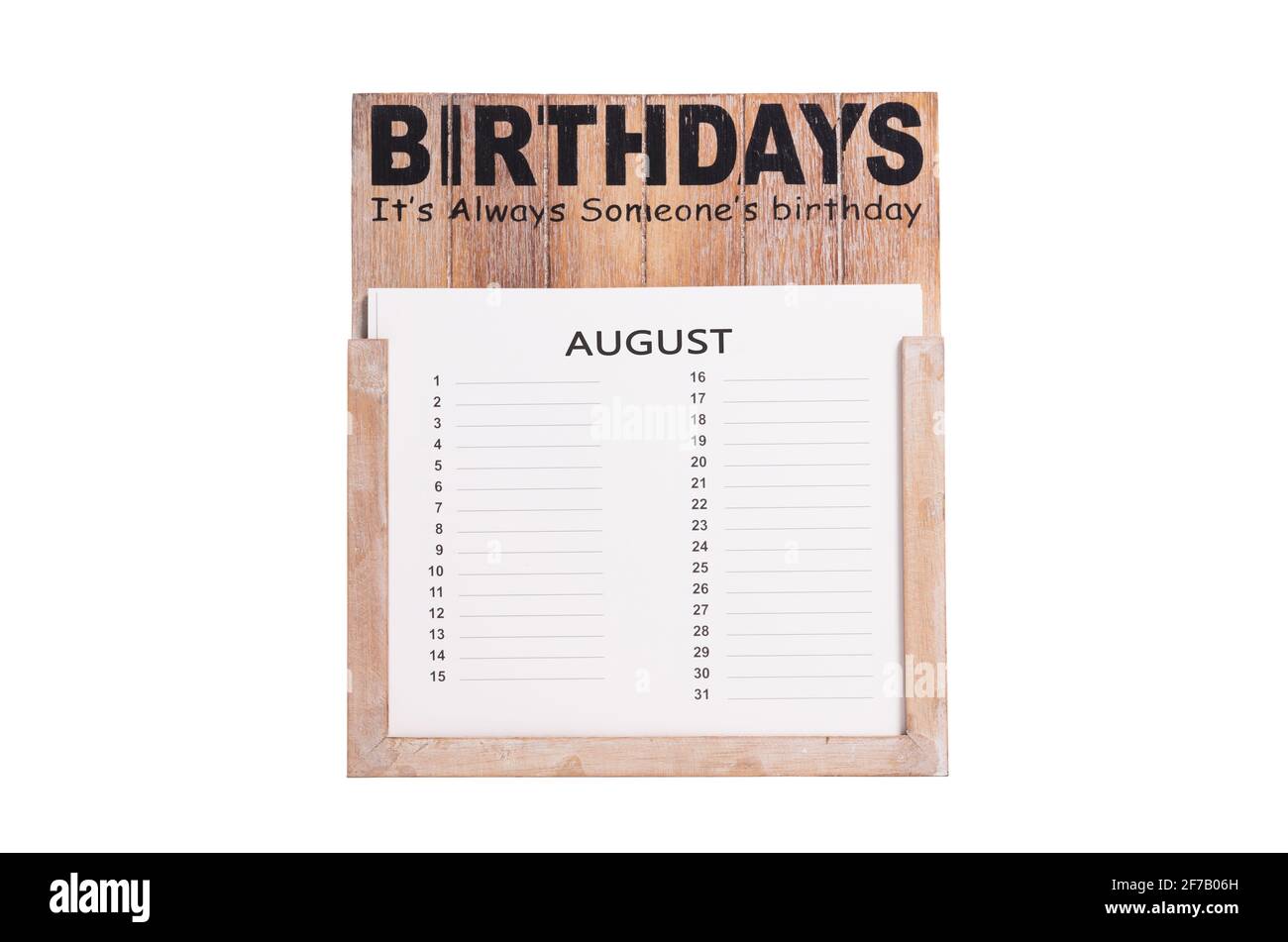 Birthday calander isolated on white background - August Stock Photo - Alamy