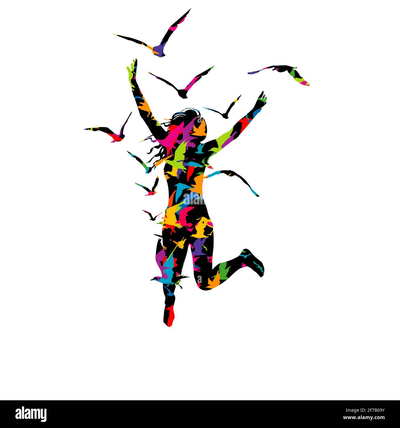 Abstract colorful illustration of a woman jumping and birds flying ...
