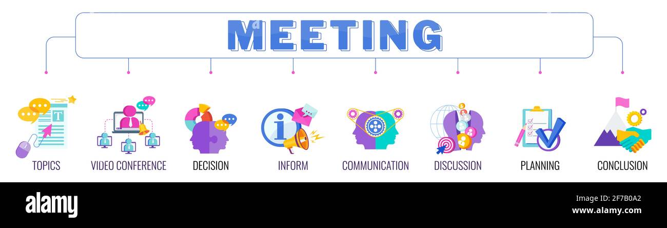 Meeting banner with color icons. Teamwork, working, meeting and ...