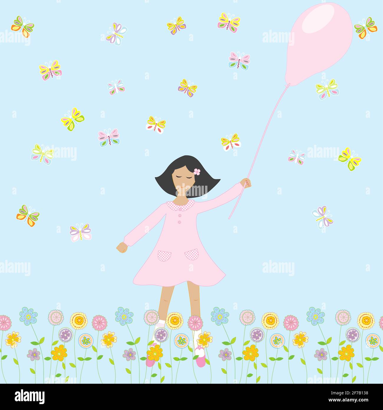 Cute girl with balloon on background with flowers and butterflies Stock ...