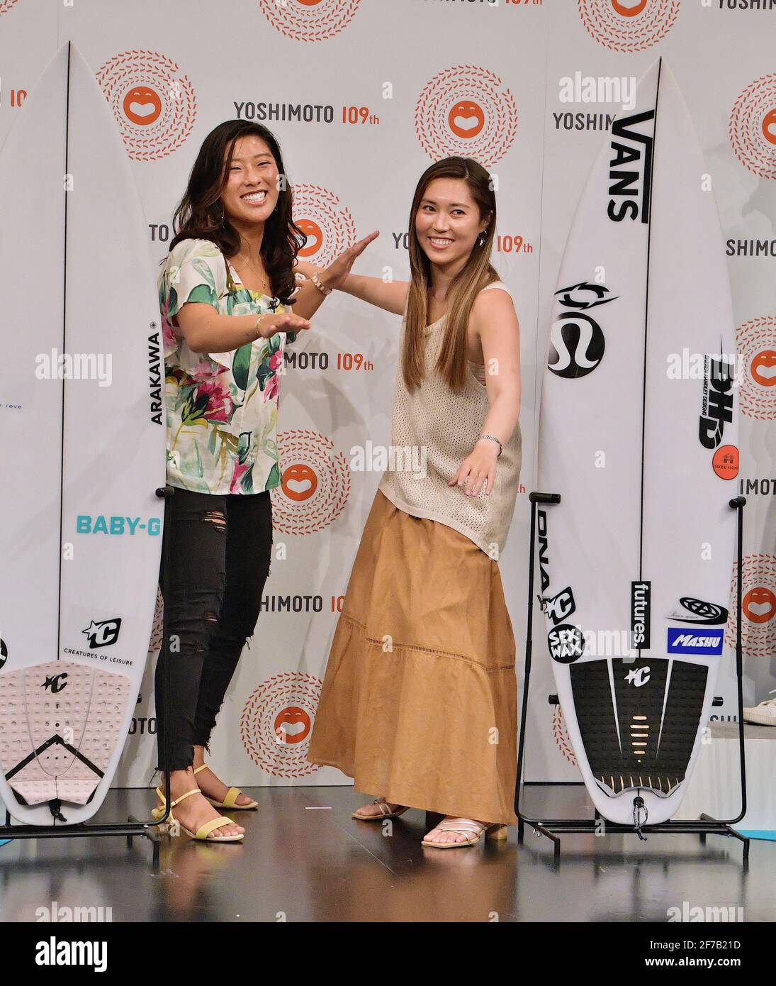 Professional Surfer Mahina Maeda(L) and Reika Noro pose for ...