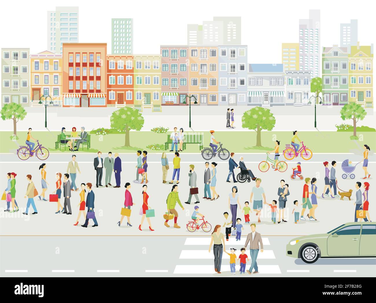 Families and people on the sidewalk with road traffic illustration ...