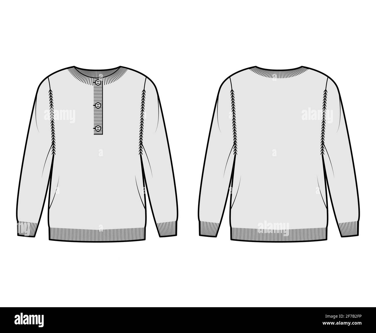 Sweater henley neck technical fashion illustration with rib crew collar ...