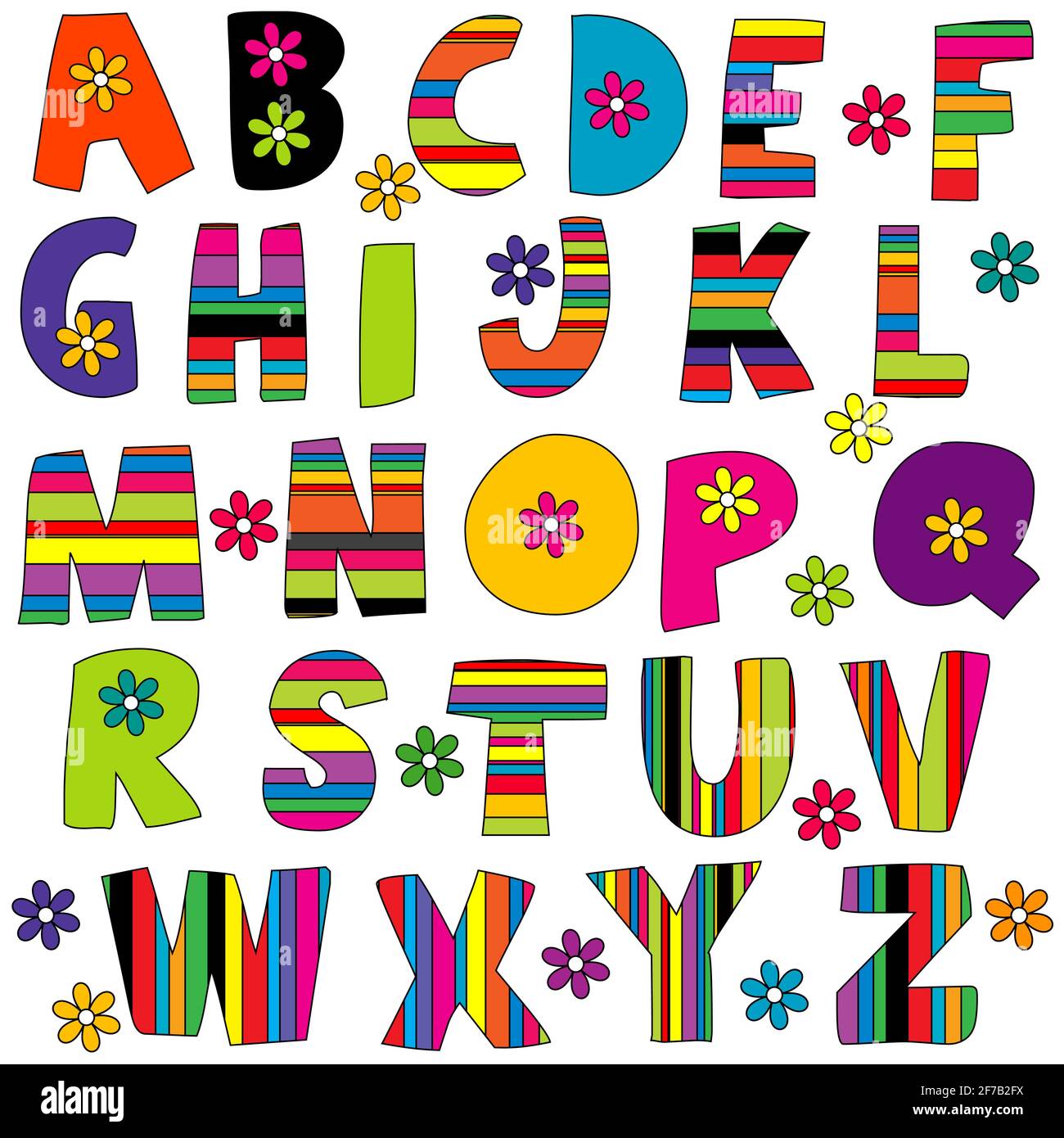 Cute colorful English alphabet with flowers and stripes Stock Vector ...