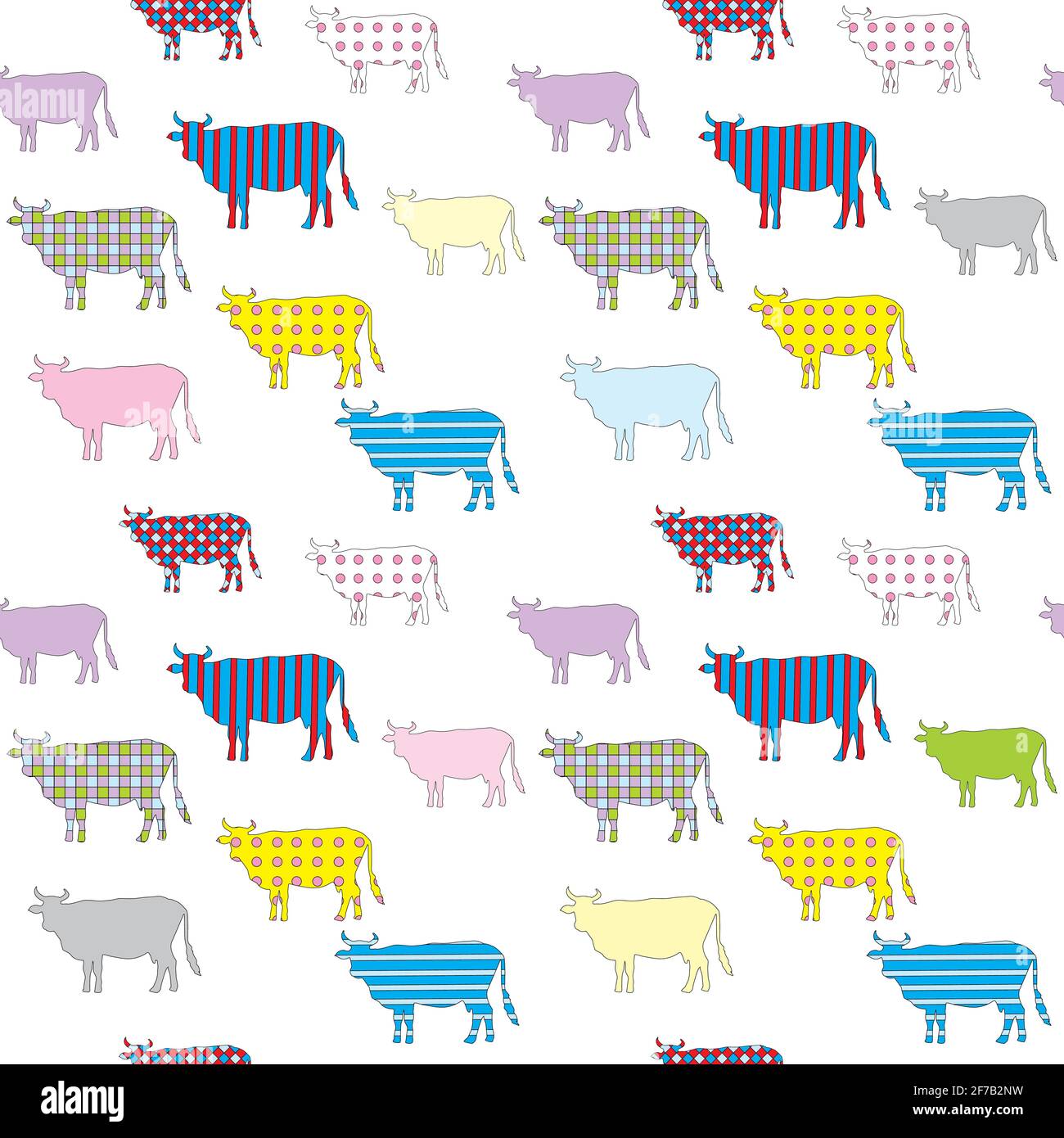 Seamless pattern with the colored image of silhouettes of cows with ...