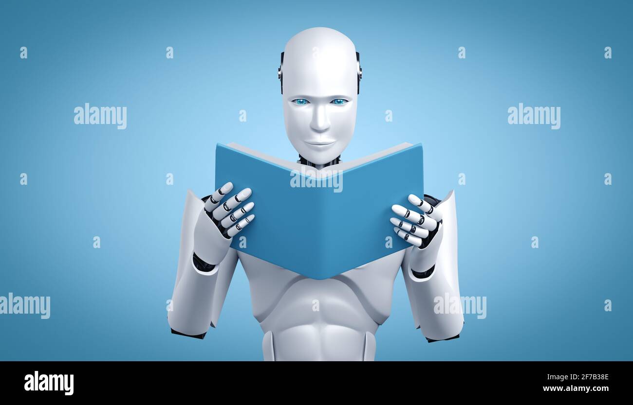 3D illustration of robot humanoid reading book in concept of future ...