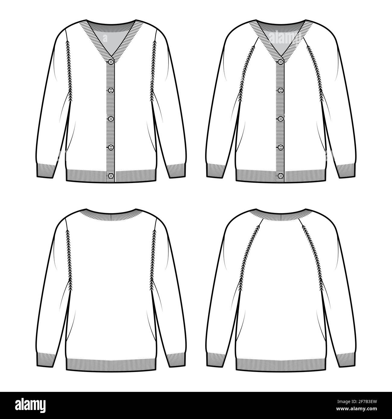 Set of Cardigans Sweater technical fashion illustration with rib V ...