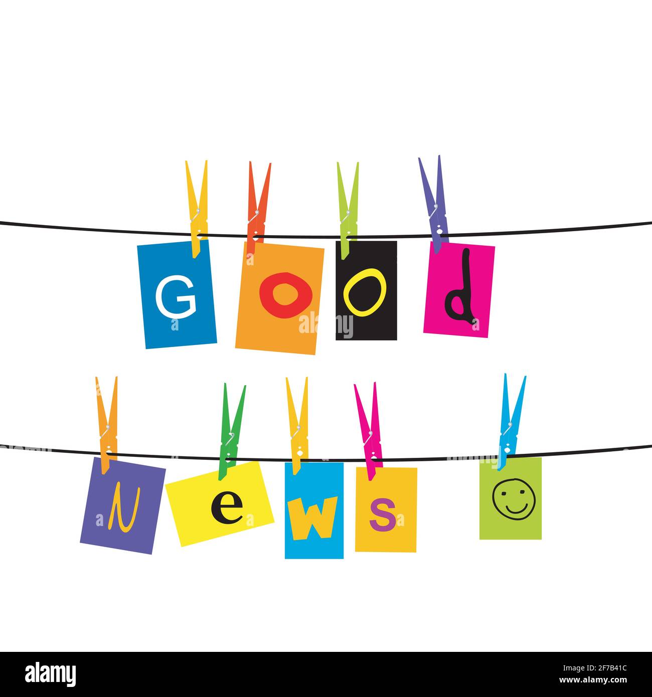 Good news message with colored pieces of paper hanging on a rope Stock ...