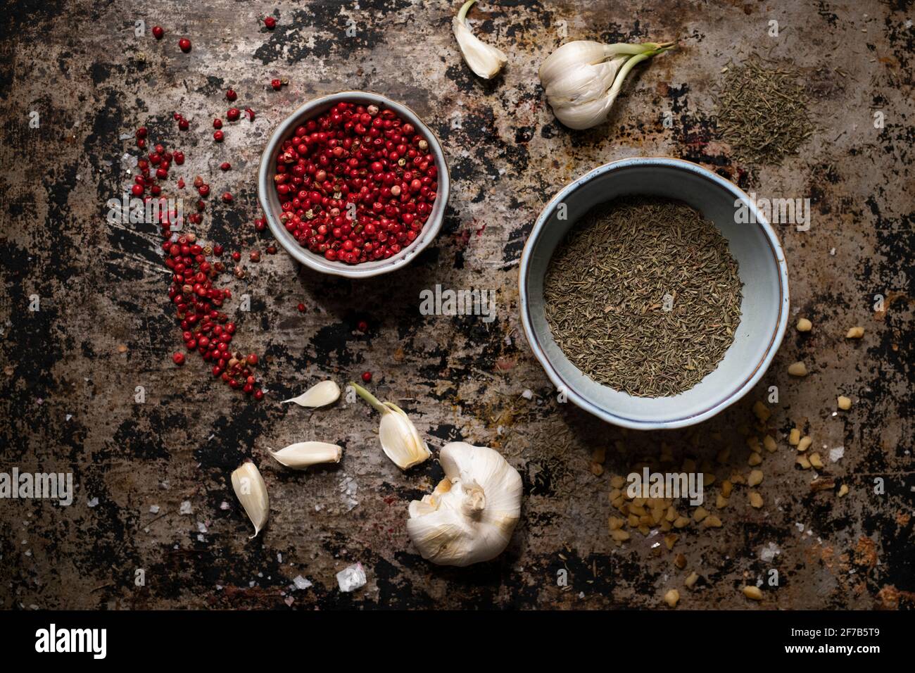 Spices on grey background Stock Photo - Alamy