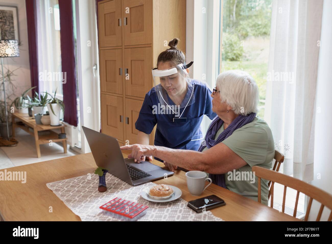 Home carer helping senior woman to use laptop Stock Photo - Alamy
