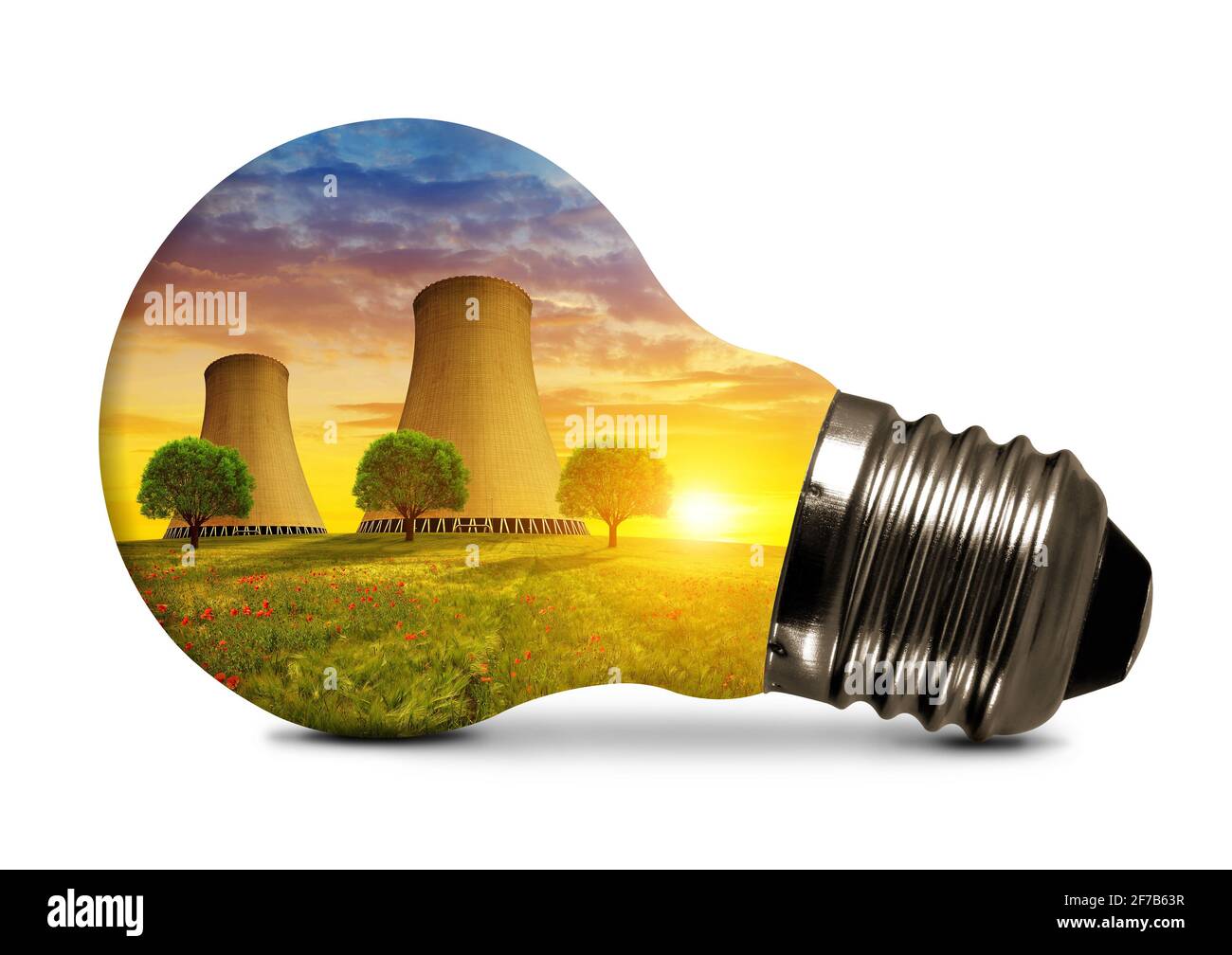 Nuclear power plant in light bulb isolated on white background Stock ...