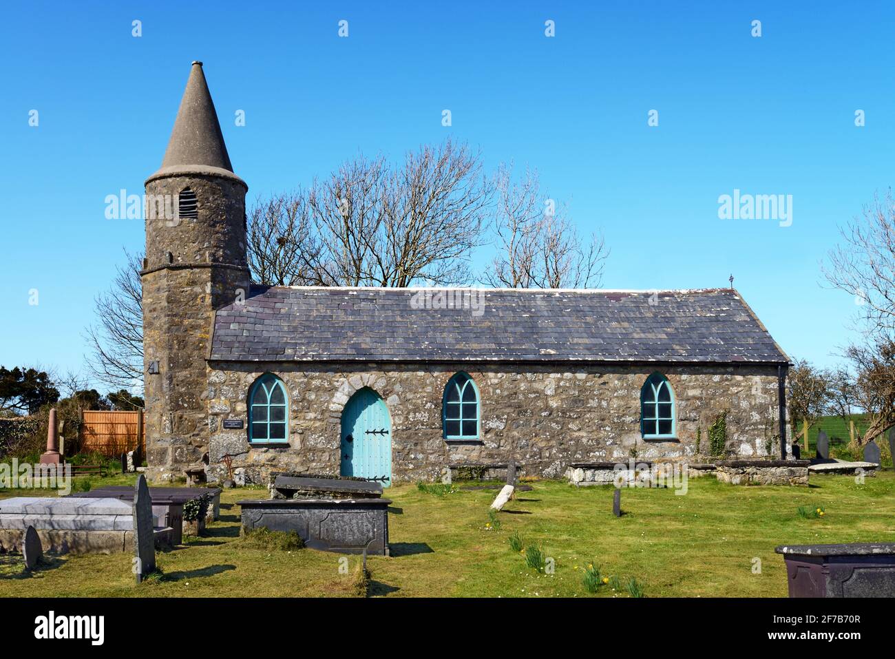 Church of St Gwynin in Llandegwning, North Wales, is a primitive Gothic ...