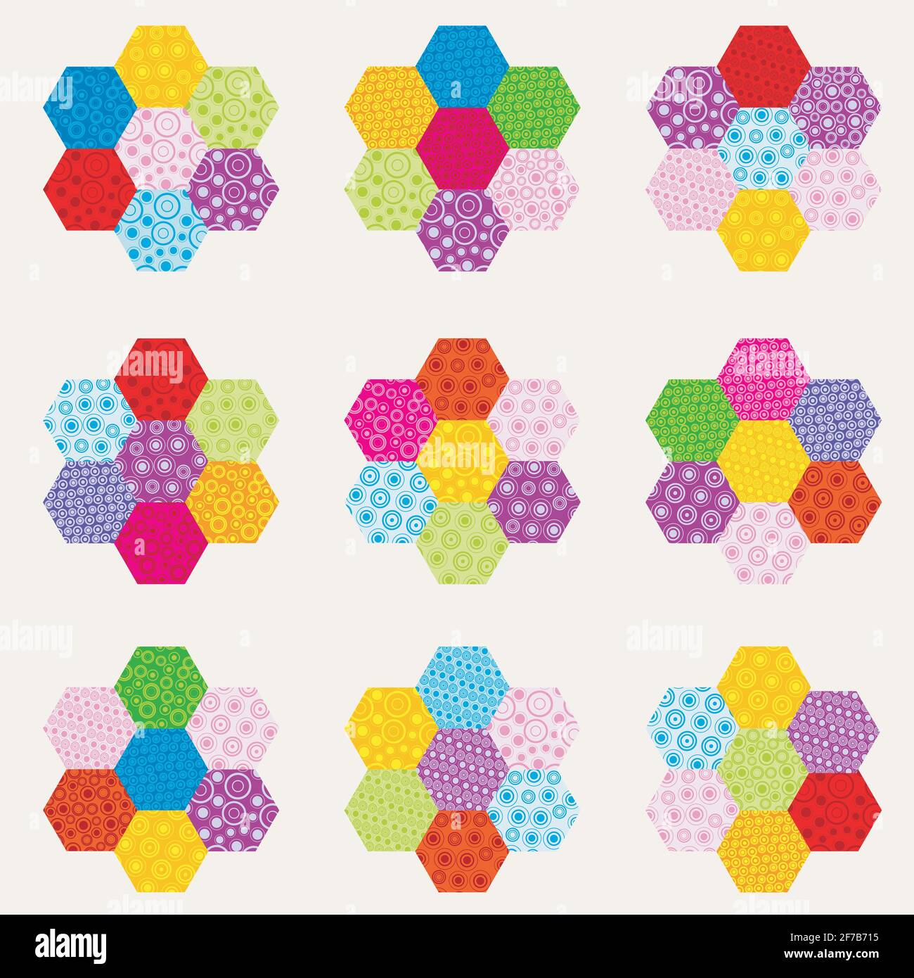 Patchwork pattern with flowers made of hexagonal patches on white ...