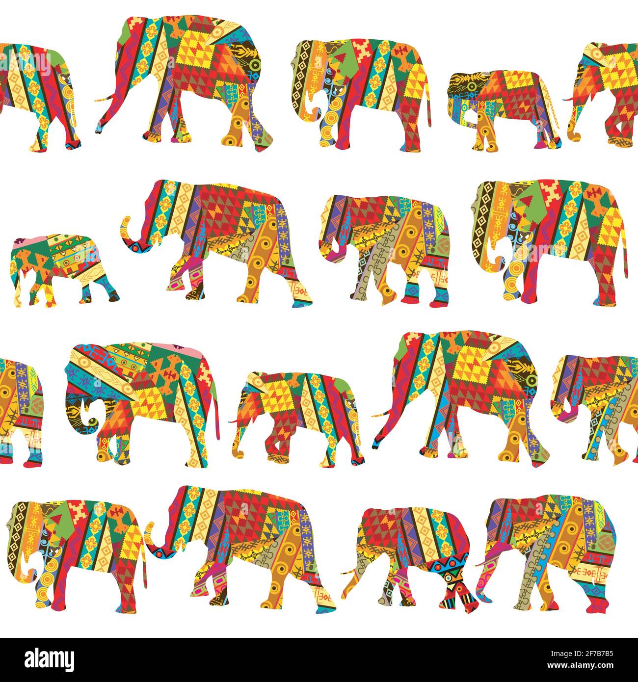 Seamless pattern with elephants in ethnic motifs on white background ...
