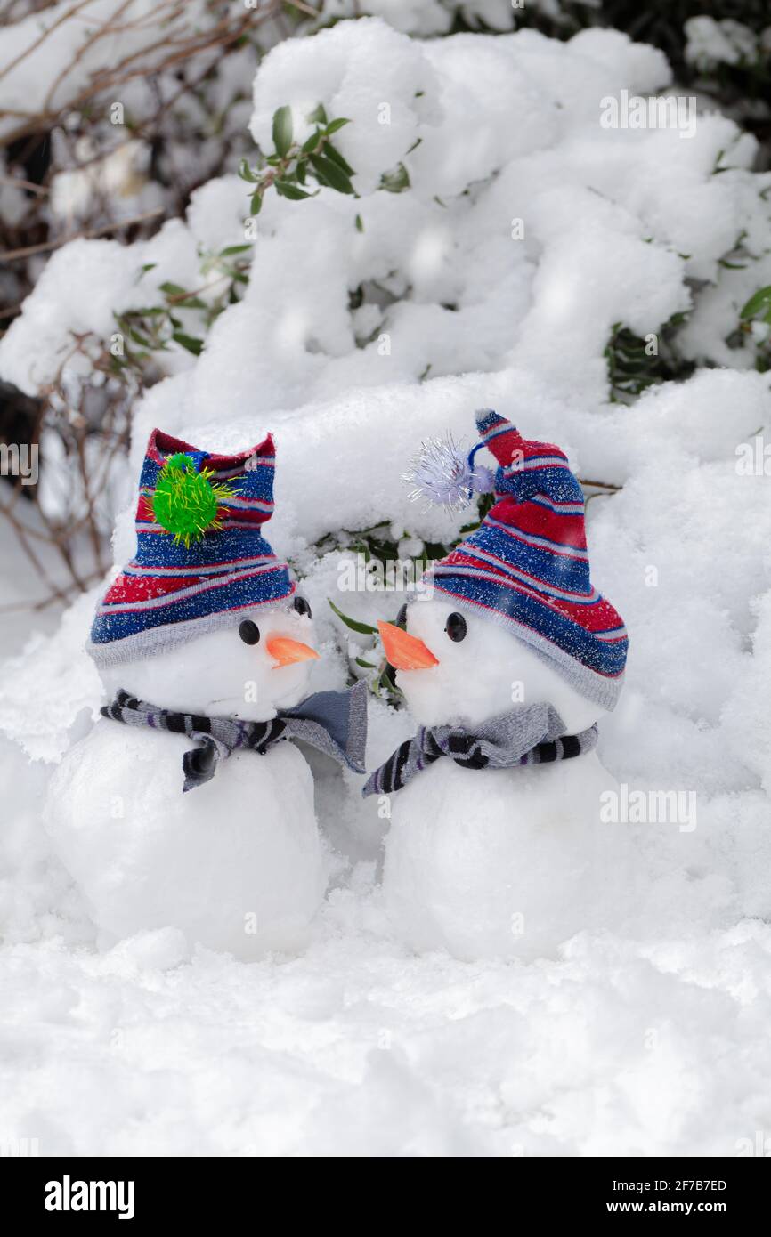 Two cute little snowmen in a snow winter scene huddled together ...