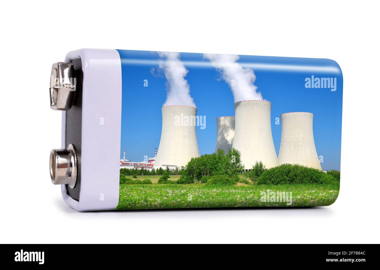 Battery with nuclear power plant isolated on white background Stock ...