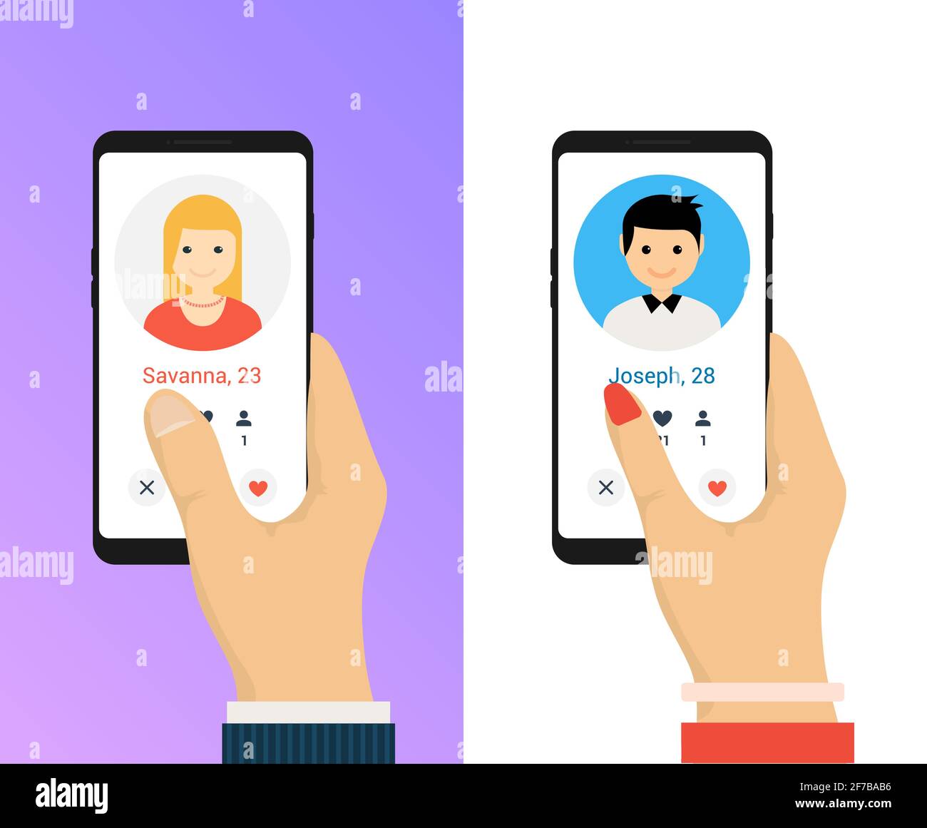 Dating app online mobile concept. Female male profile flat design ...