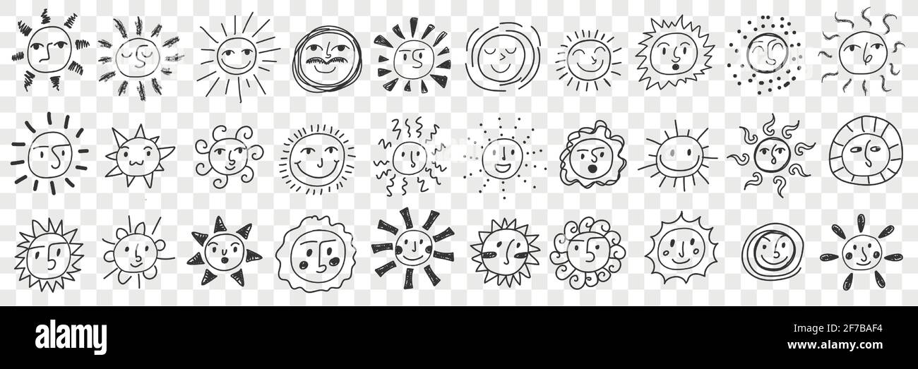 Smiling suns assortment doodle set. Collection of hand drawn various ...