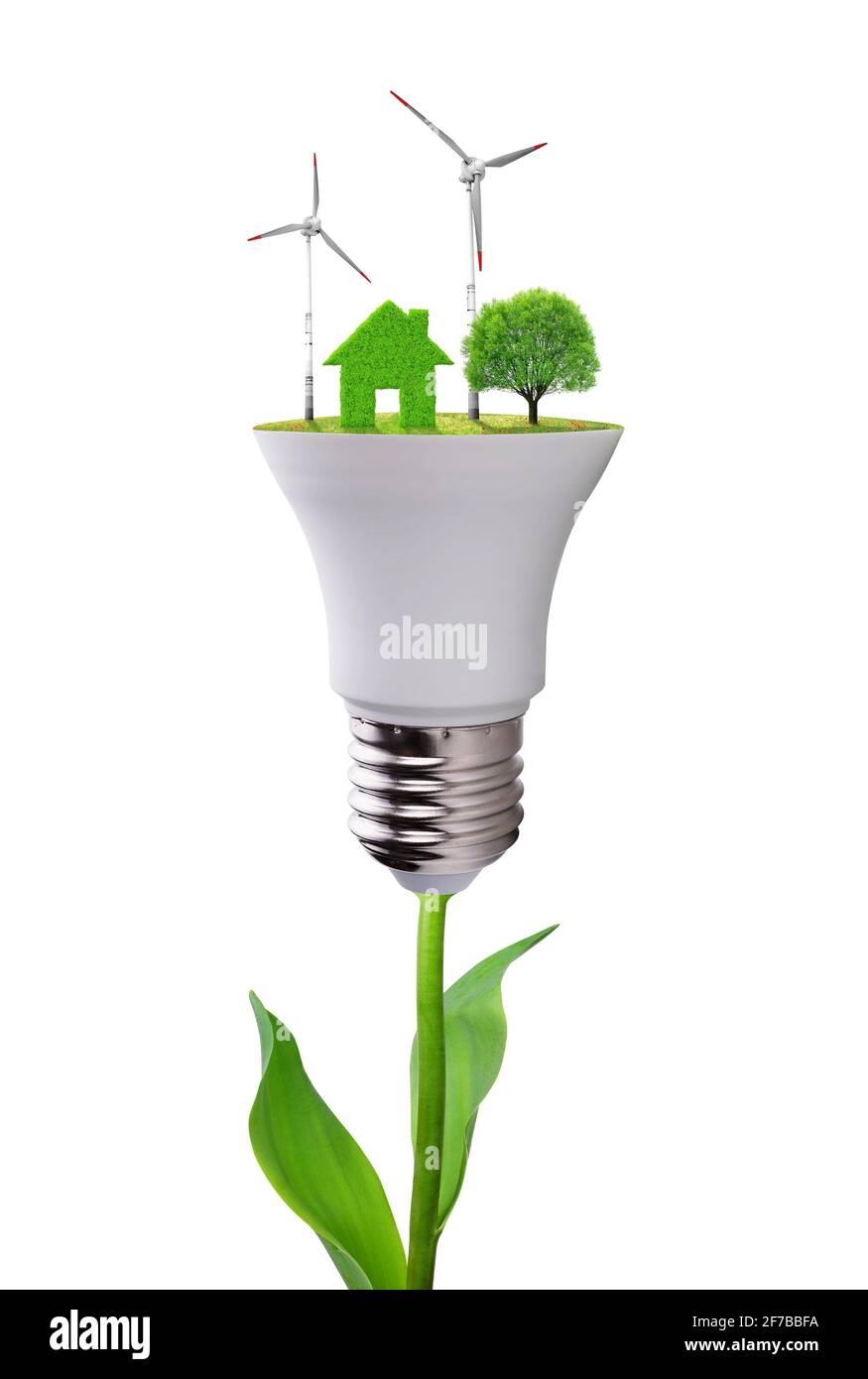 Eco LED light bulb on plant isolated on white background. Concept of ...