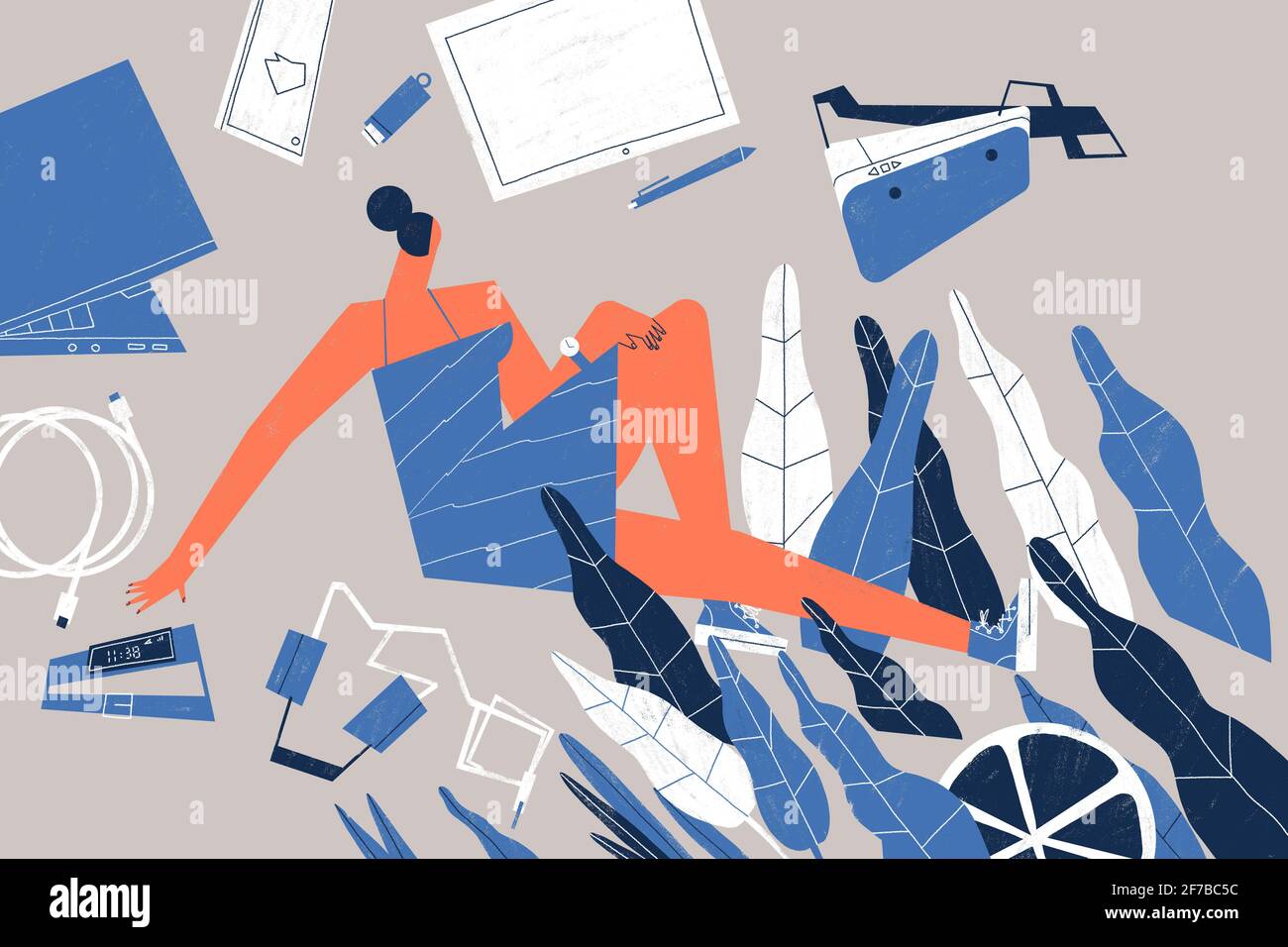 Young techie addict person surrounded by technology devices and gadgets ...