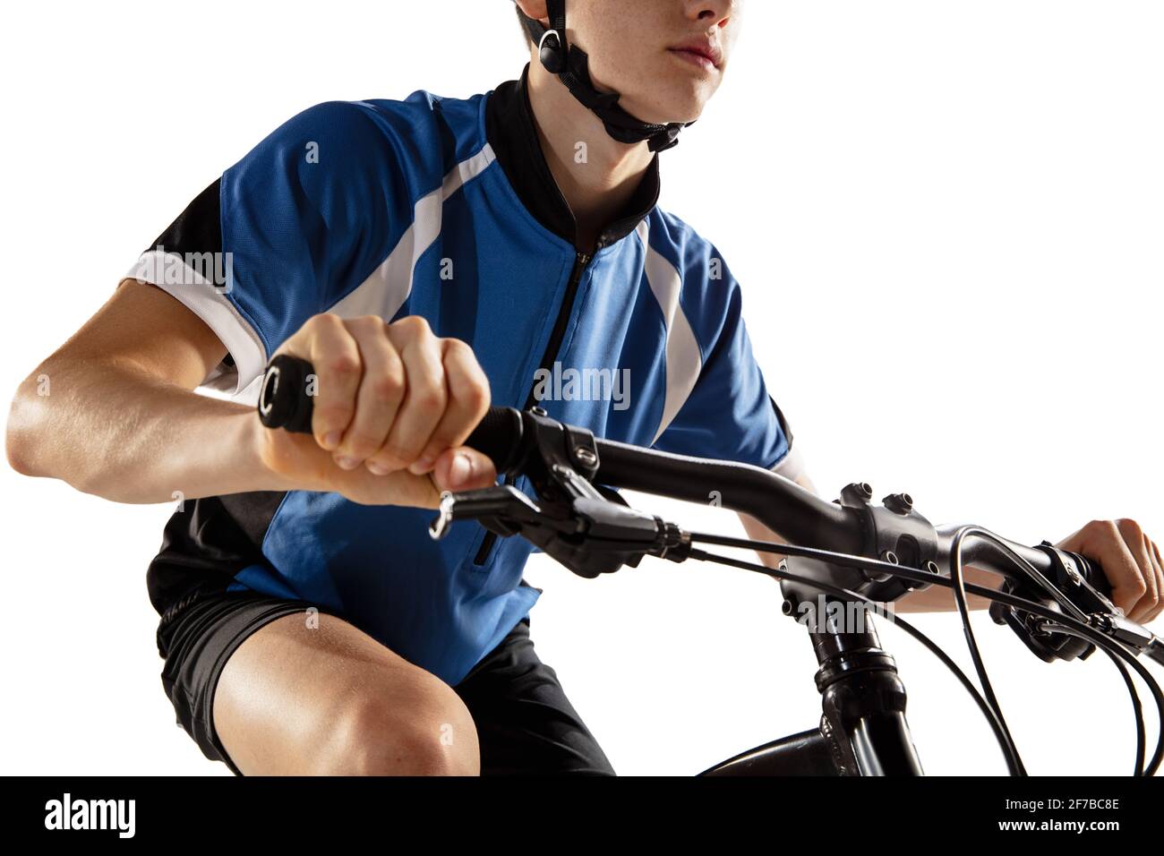 Young Caucasian boy bike rider on road bike isolated over white ...