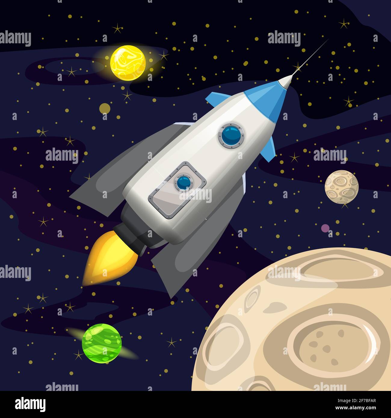 Space rocket launch, spaceship, space background, cartoon style, Vector ...