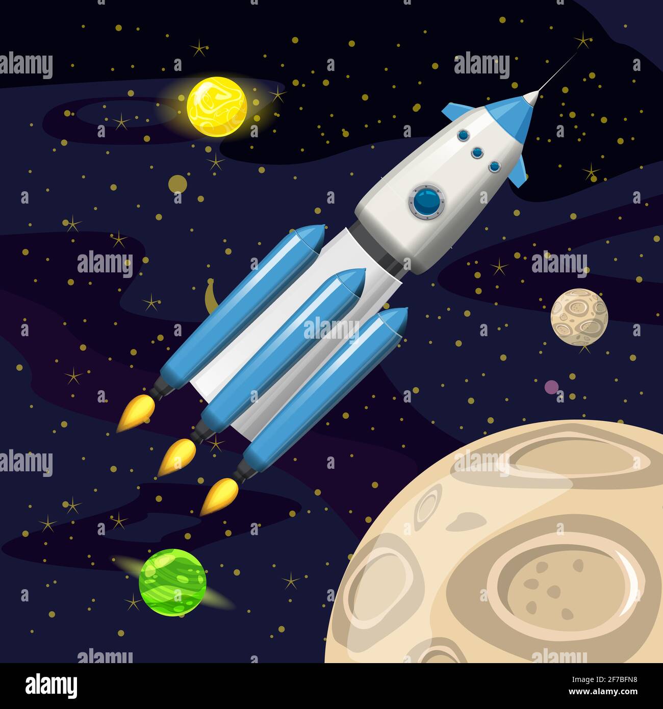 Space rocket launch, spaceship, space background, cartoon style, Vector ...