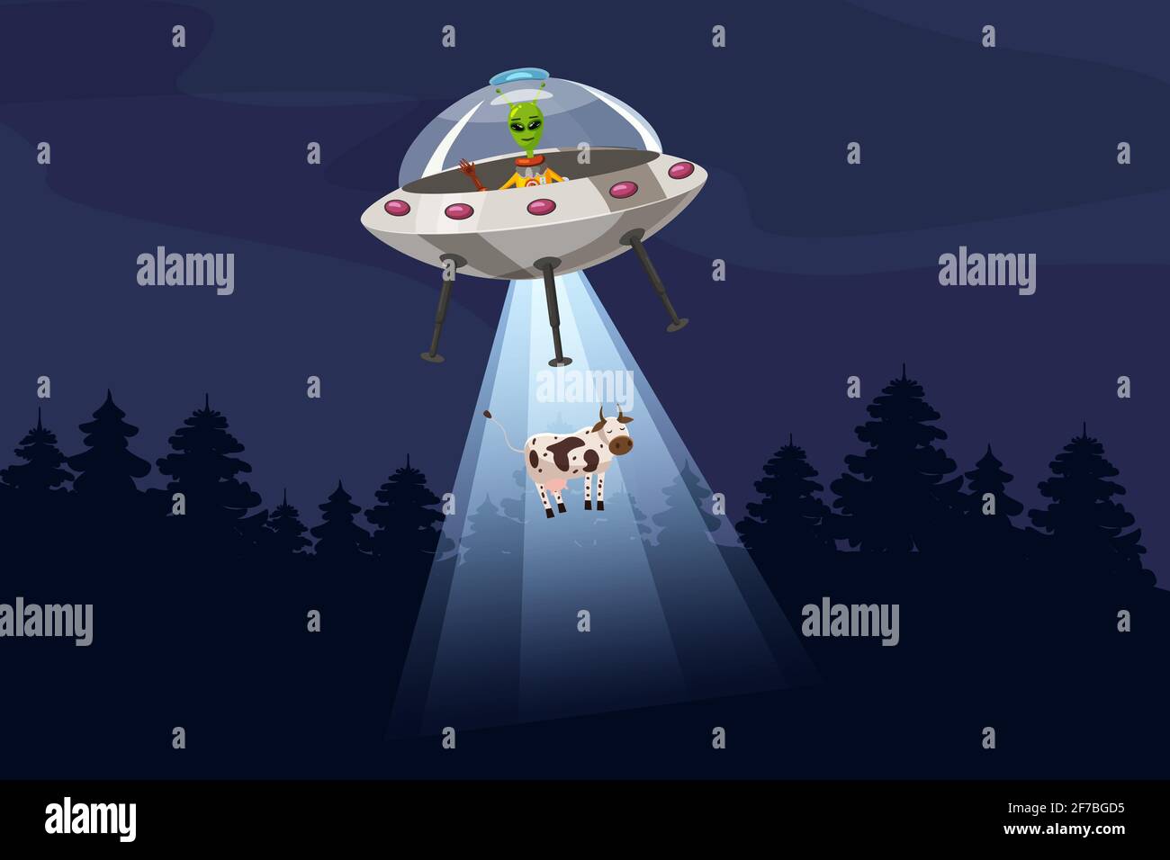 UFO abducting a cow, summer night forest landscape, vector background ...