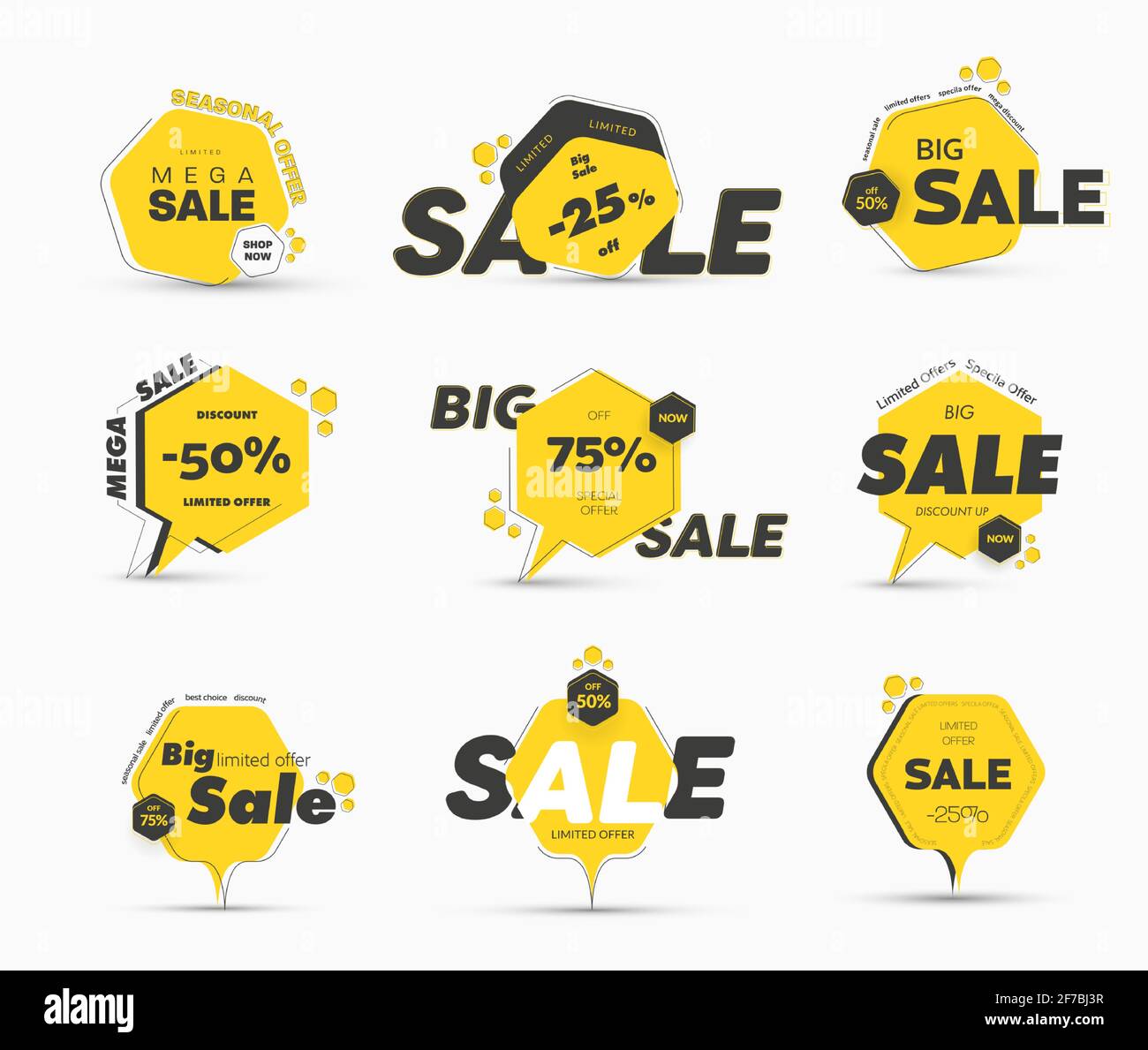 Set of vector yellow tags in the shape of a hexagon with a thin stroke ...