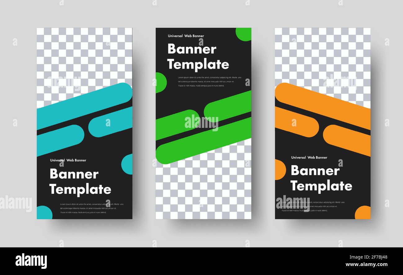 Template of vertical vector black banners with color rounded rectangles ...