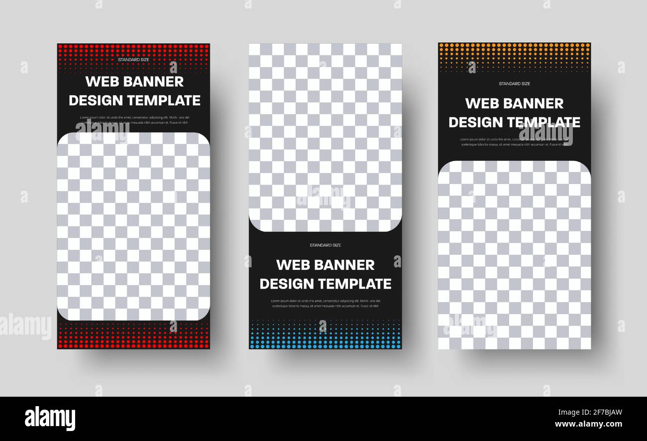 Design of vertical black web banners with place for photos and colored ...