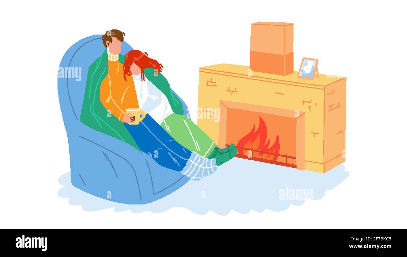Winter Rest Couple Together Near Fireplace Vector Stock Vector Image ...