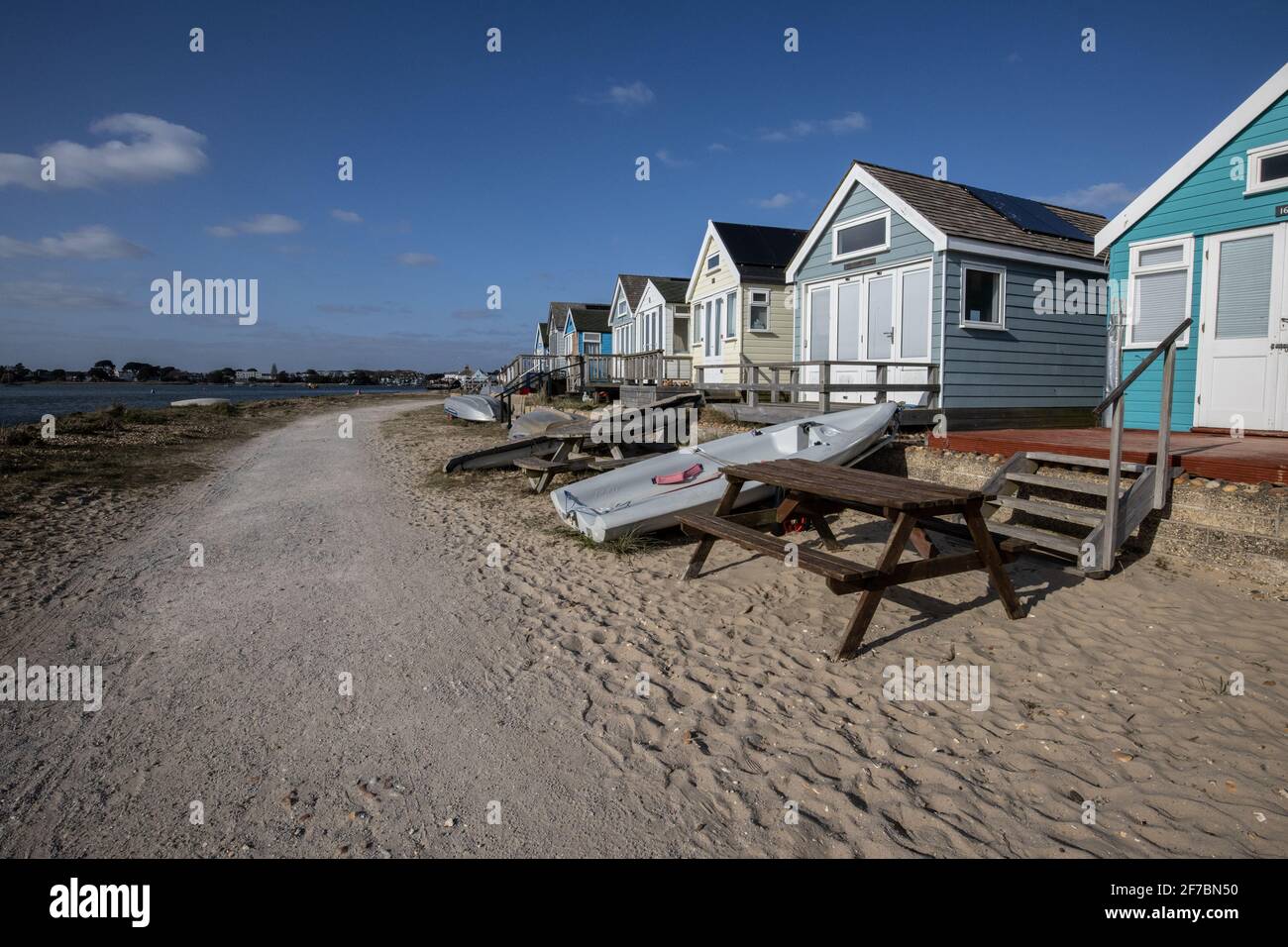 Mudeford Sandspit, stretch of sandbanks decorated with rows of beach ...