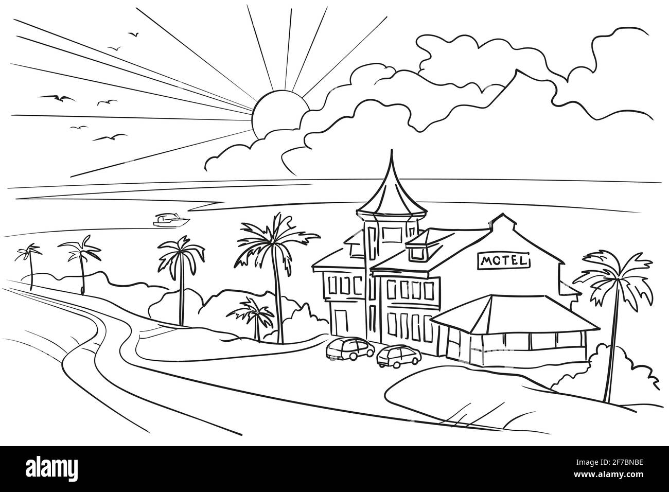 Palm trees road sea Stock Vector Images - Alamy