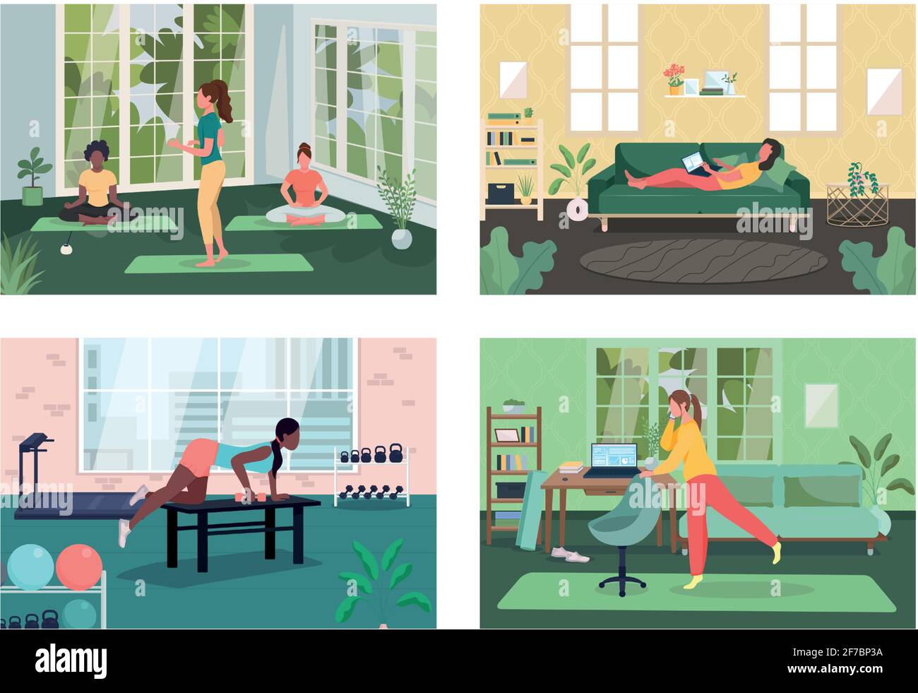 Employee healthy lifestyle flat color vector illustration set Stock ...