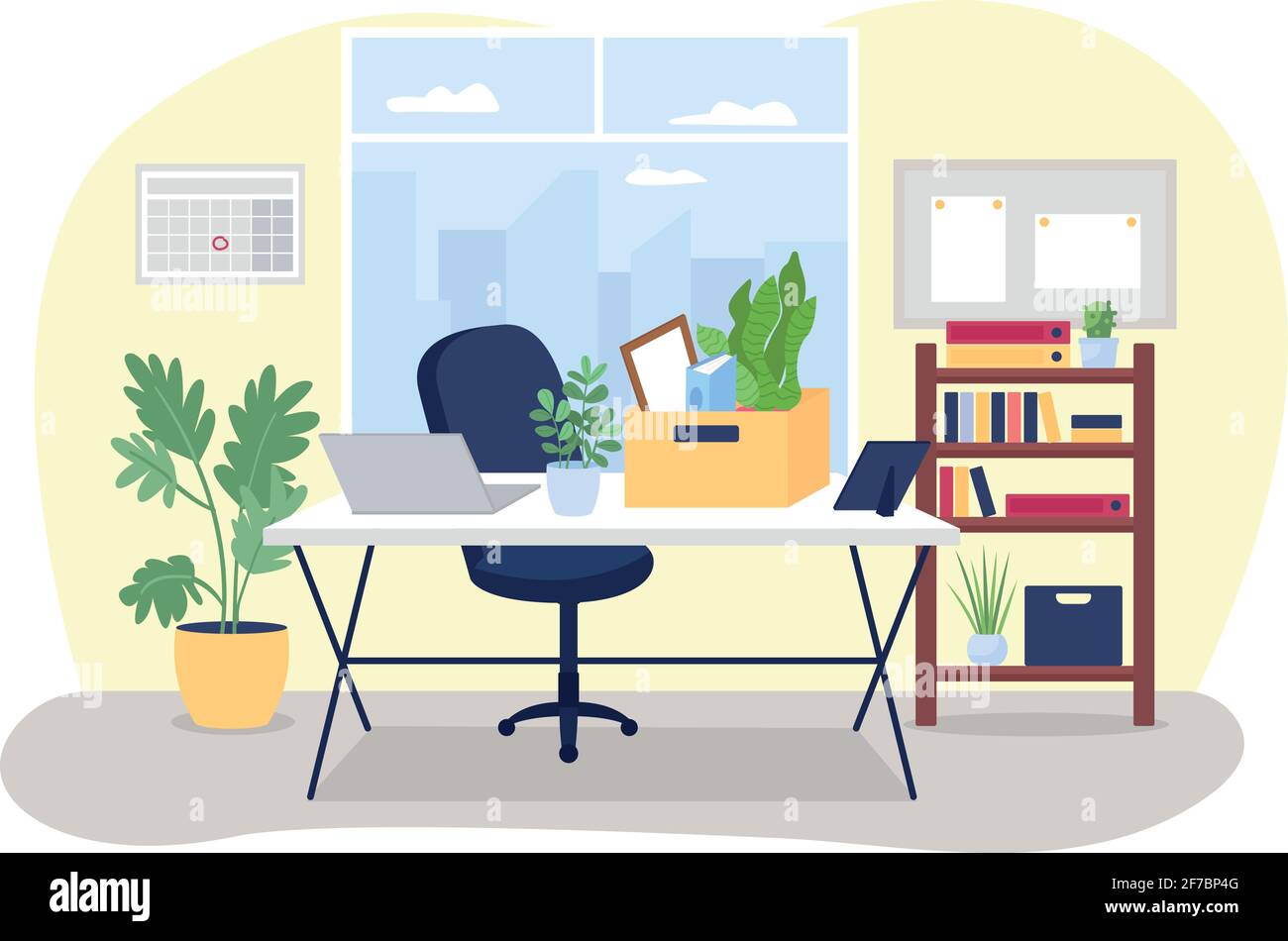 Workplace desk with box of stationery 2D vector web banner, poster ...